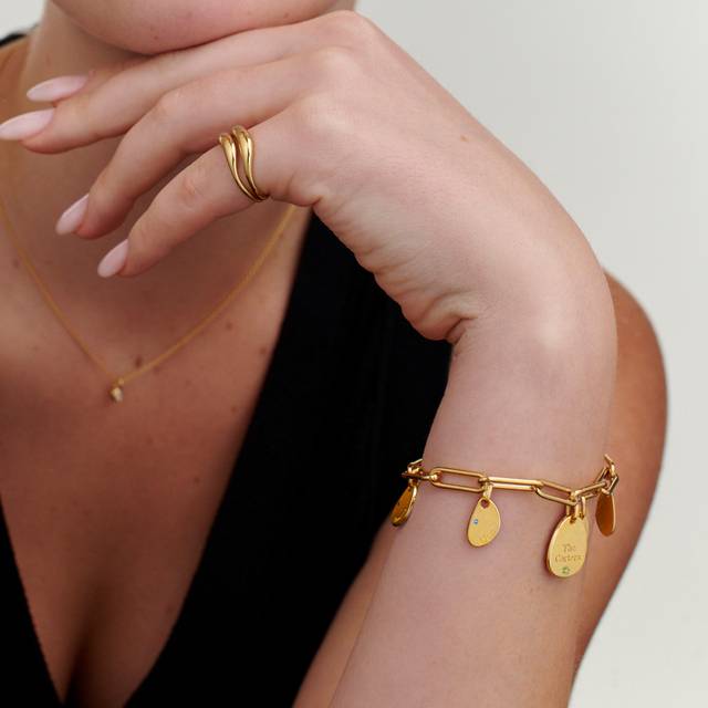 Hazel Paperclip Bracelet with Engraved Charms & Birthstones in 18K Gold ...