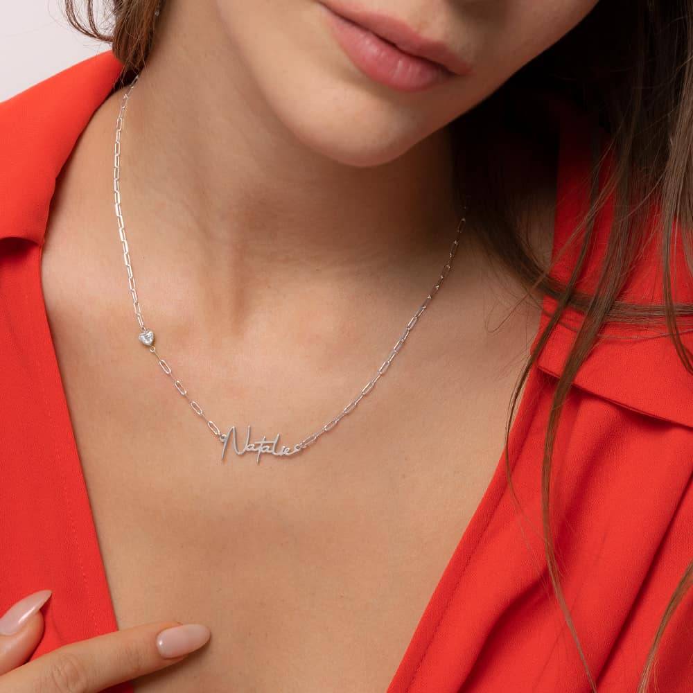 Signature Link Chain Name Necklace with Heart Diamond in Sterling ...