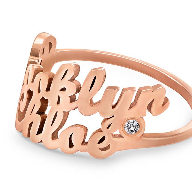 Script Double Name Ring with Diamond in 18K Rose Gold Plating | My Name Necklace Canada