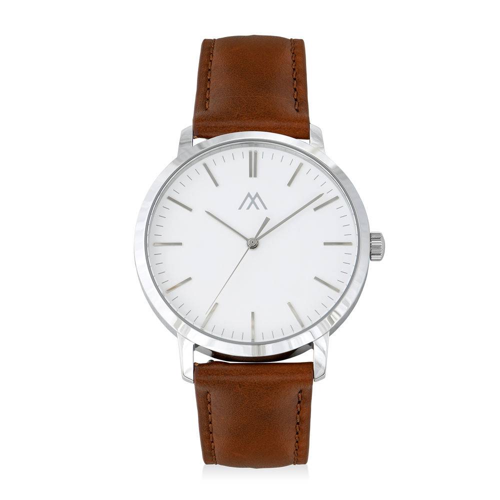 Hampton Minimalist Brown Leather Band Watch for Men with White Dial ...
