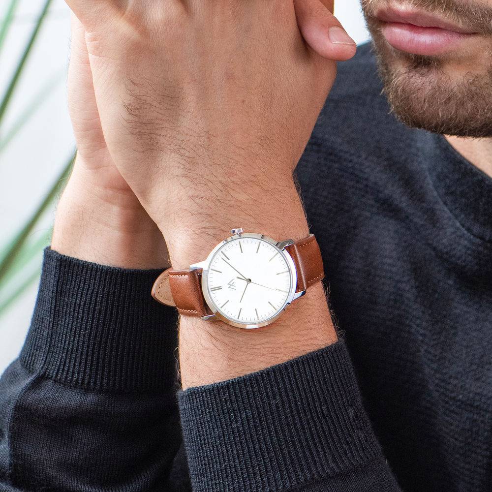 Hampton Minimalist Brown Leather Band Watch for Men with White Dial ...